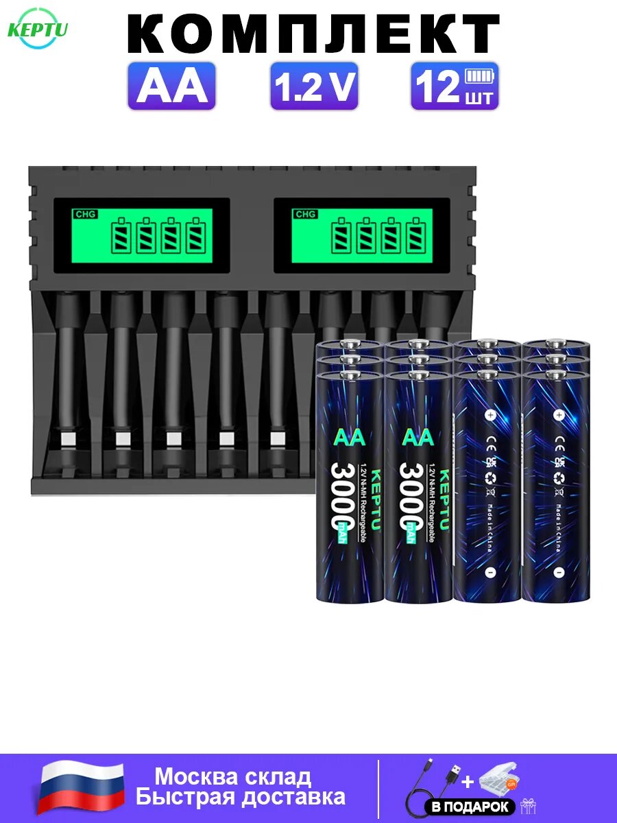 Батарейки AA 3000mAh, Никель-металлогидридный+зарядное набор