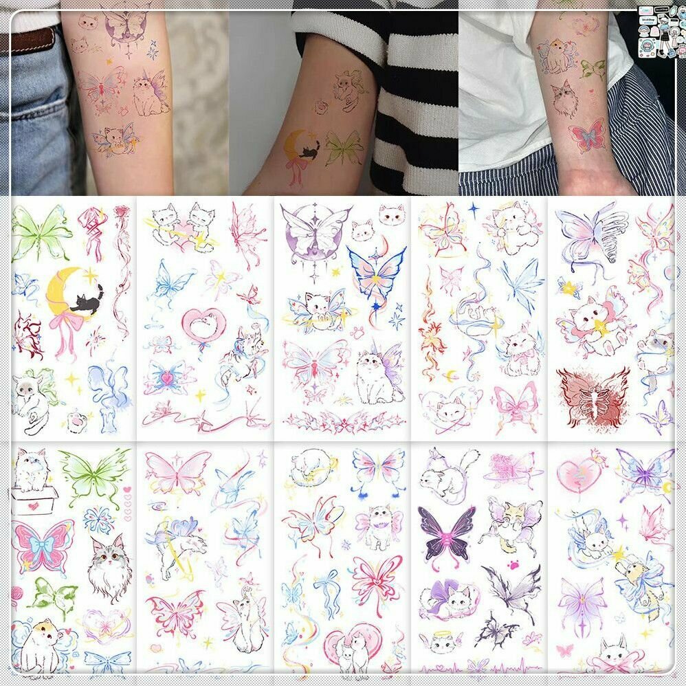 Переводные татуировки Дрофа-Бабочка и кот 10 шт бабочка кот