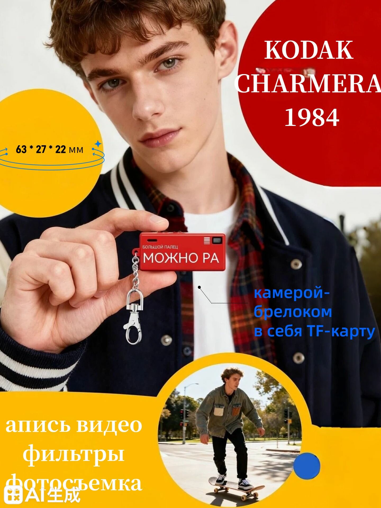 KODAK CHARMERA 1984 Глухая коробка с камерой-брелоком, Включает в себя TF-карту, красный