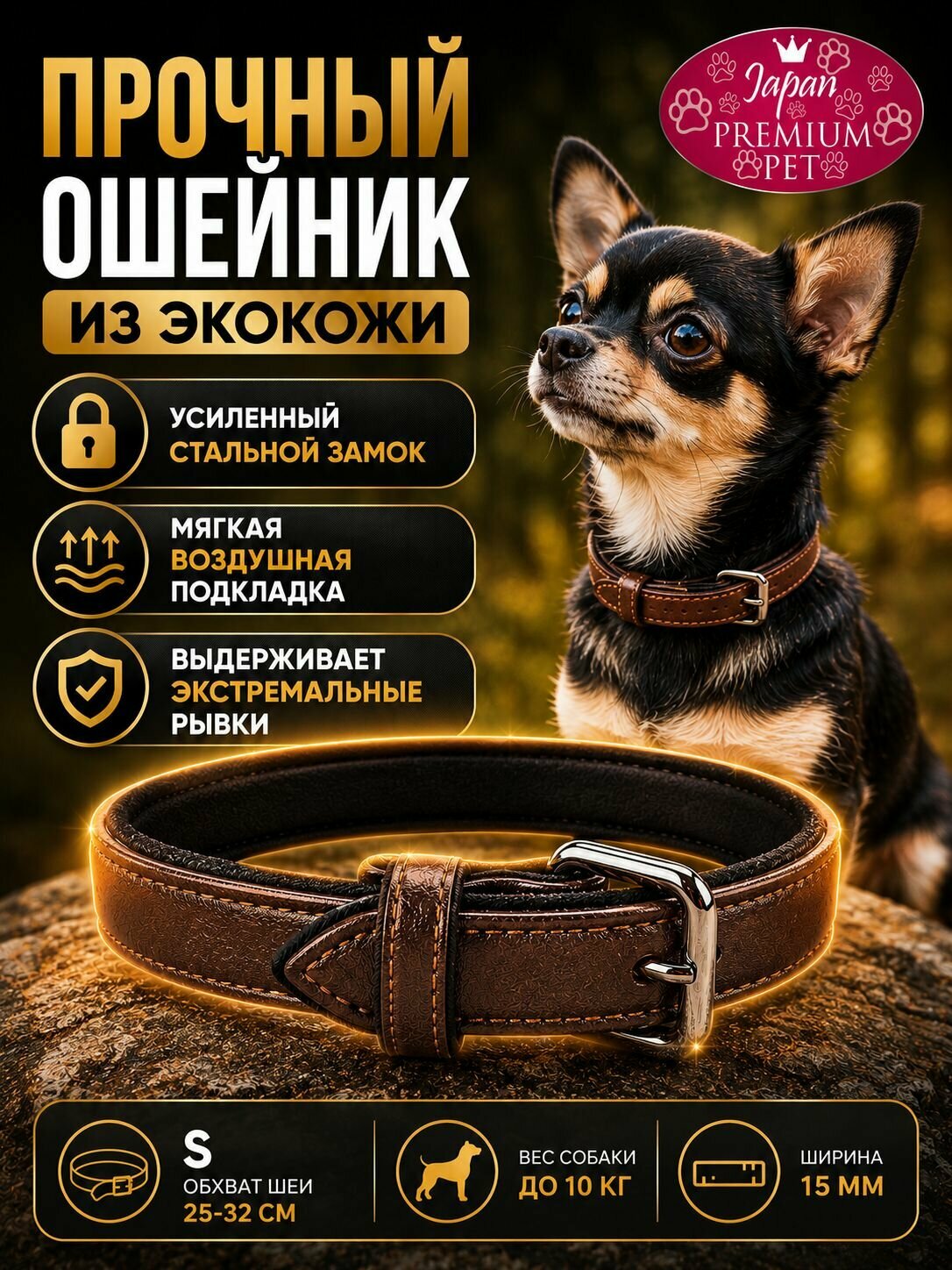 Ошейник для собак Japan Premium Pet прочный из эко-кожи, размер S