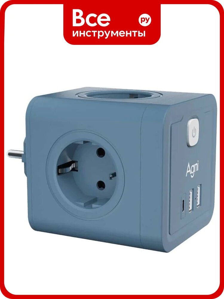 Тройник для розетки AGNI 4 розетки 220 + 2 USB + 1 Type C, синий TP-WJ3U4E-C-blue