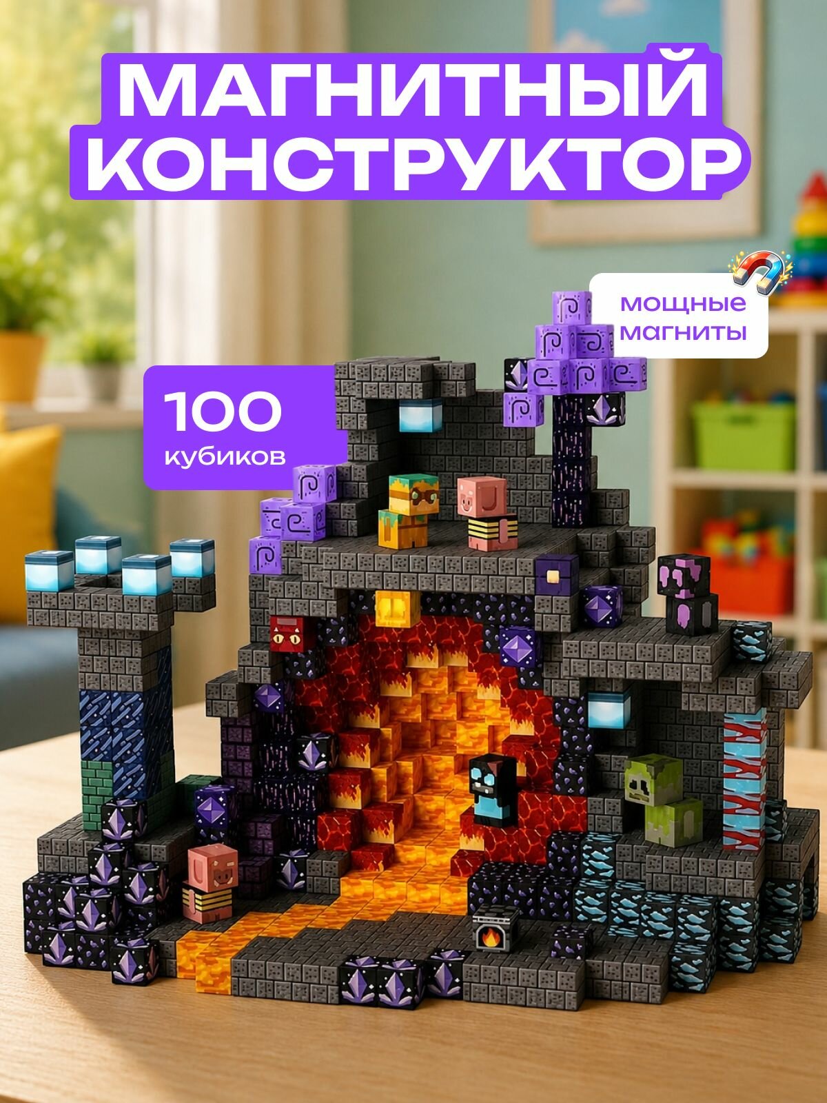 Магнитный конструктор майнкрафт, minecraft, магнитные кубики, 100 блоков, конструкторы