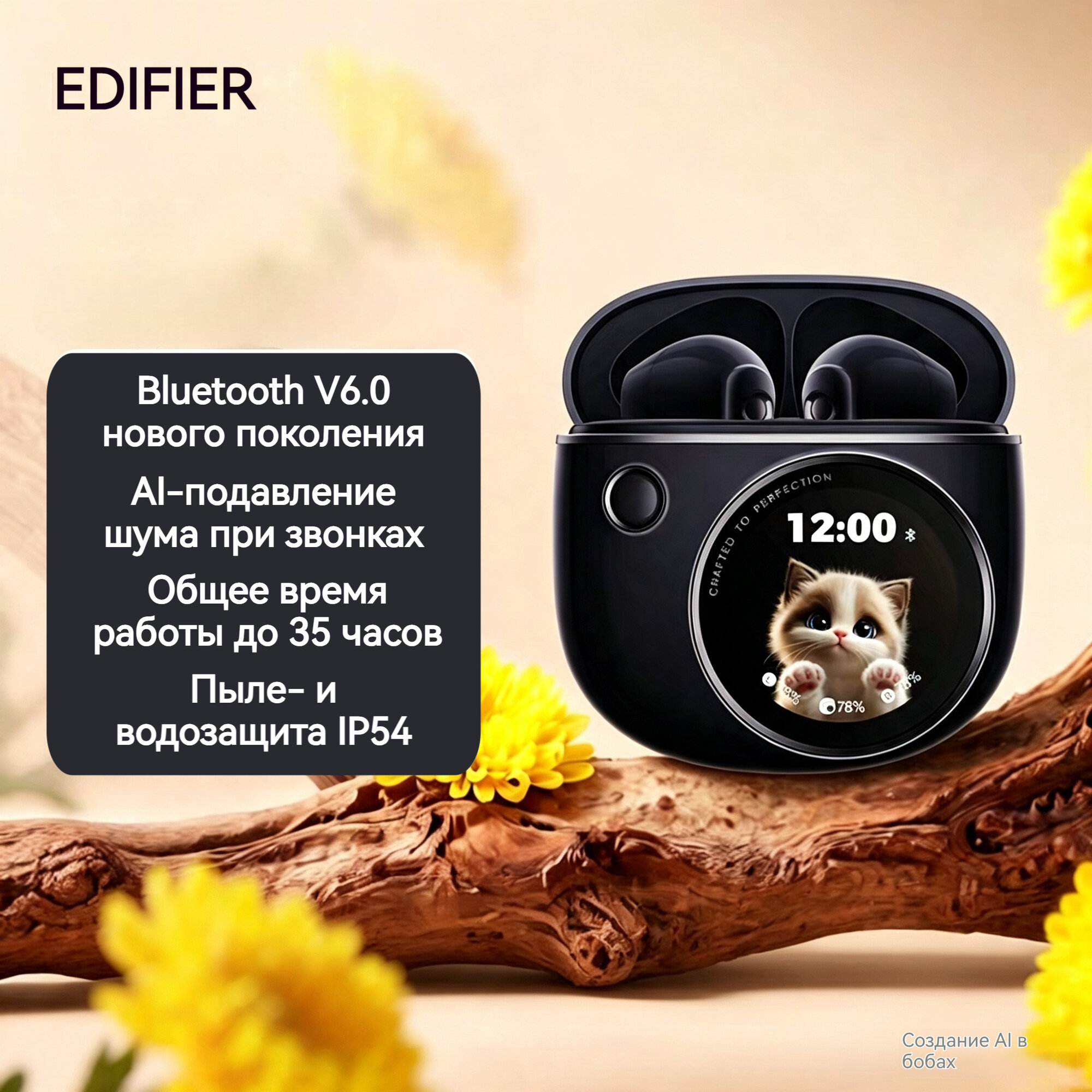 JoyBuds Беспроводные наушники Edifier с цветным дисплеем, полуприлегающие, Bluetooth 6.0, шумоподавление при звонках