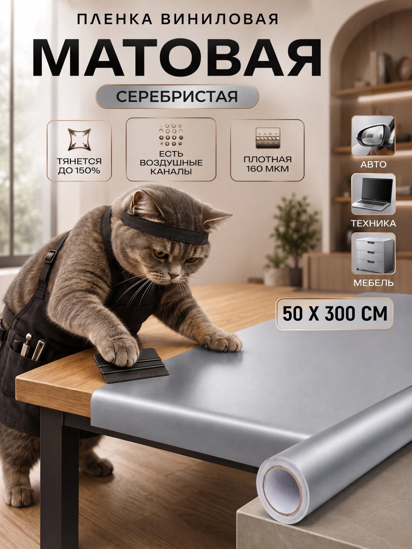 Пленка самоклеющаяся для мебели. Пленка для мебели. Reton Group. Цвет серебристый 50х300см