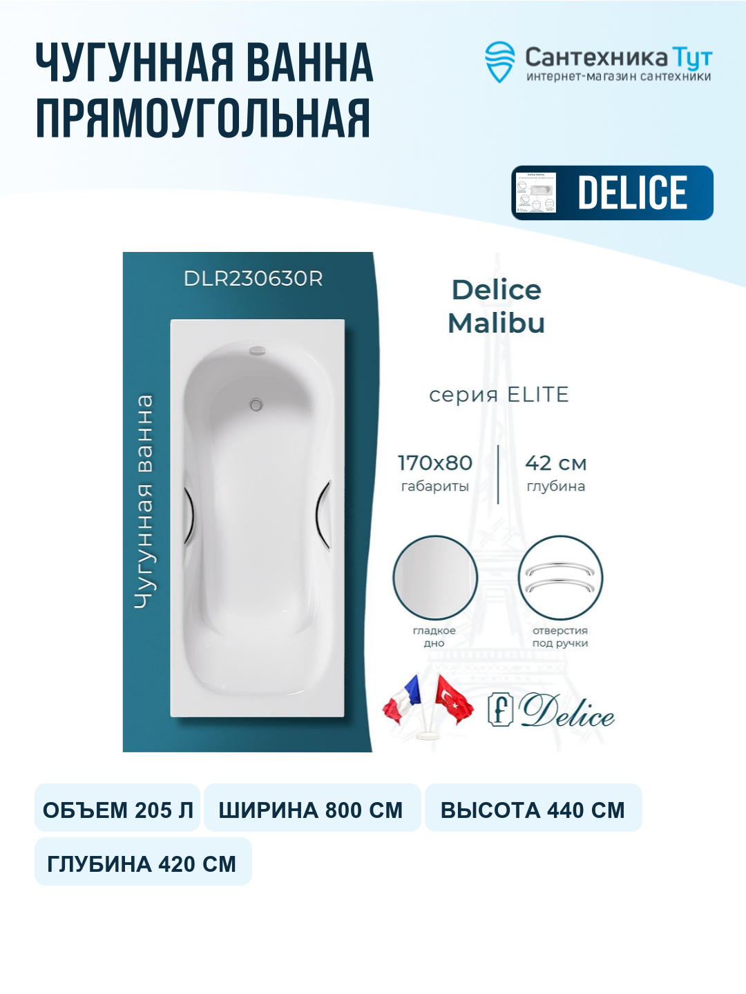 Чугунная ванна Delice Malibu 170х80 DLR230630R с отверстиями под ручки без антискользящего покрытия