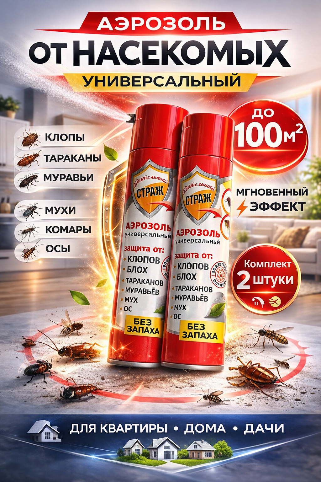 Средство от насекомых в доме, аэрозоль от насекомых, 2 шт