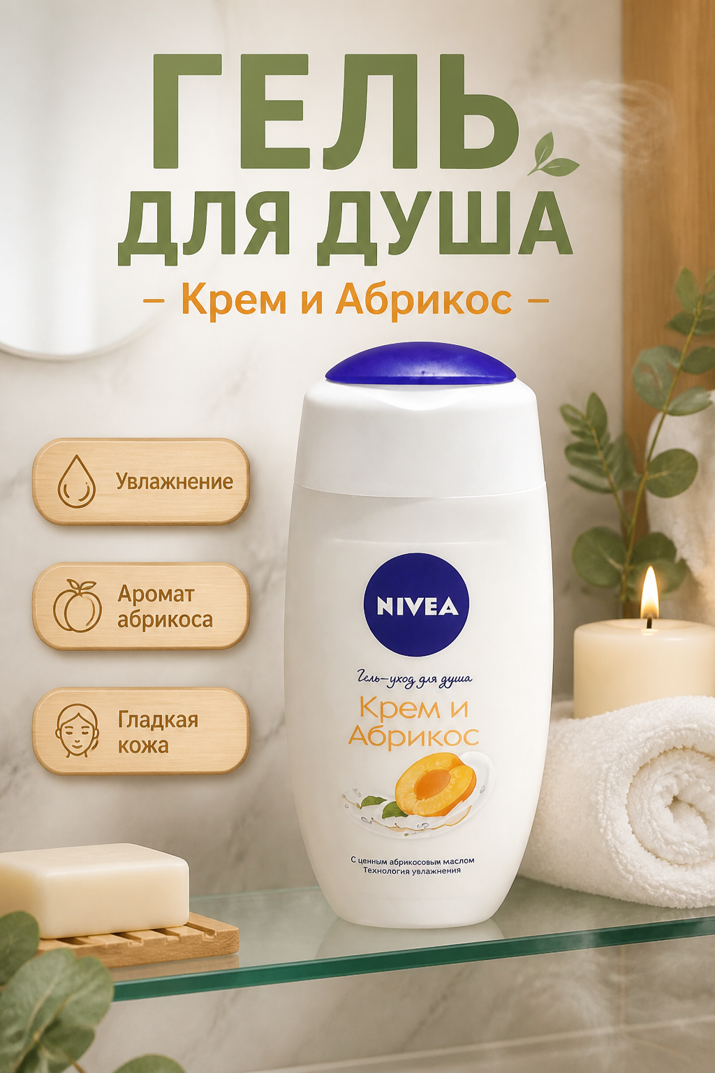 Гель для душа Nivea "Абрикос", для женщин, дерматологически протестирован, 250 мл