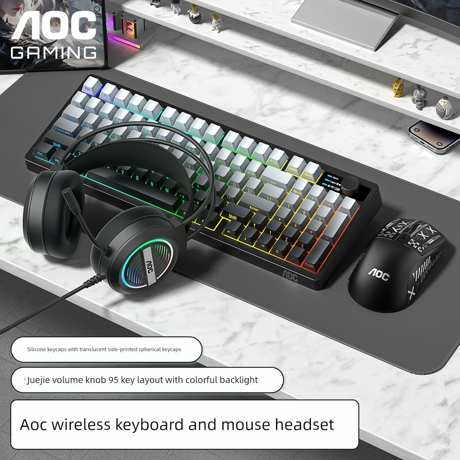 AOC GK220 набор беспроводная клавиатура + мышь + проводные наушники с ковриком, цвет светло-серый
