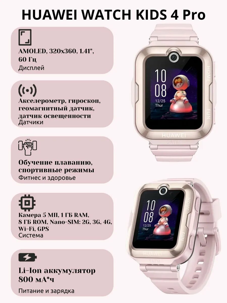 Детские часы HUAWEI WATCH KIDS 4 Pro Розовый Ростест (ЕАС), связь 2G, 3G, 4G LTE, Wi-Fi, Bluetooth, GPS, кнопка SOS
