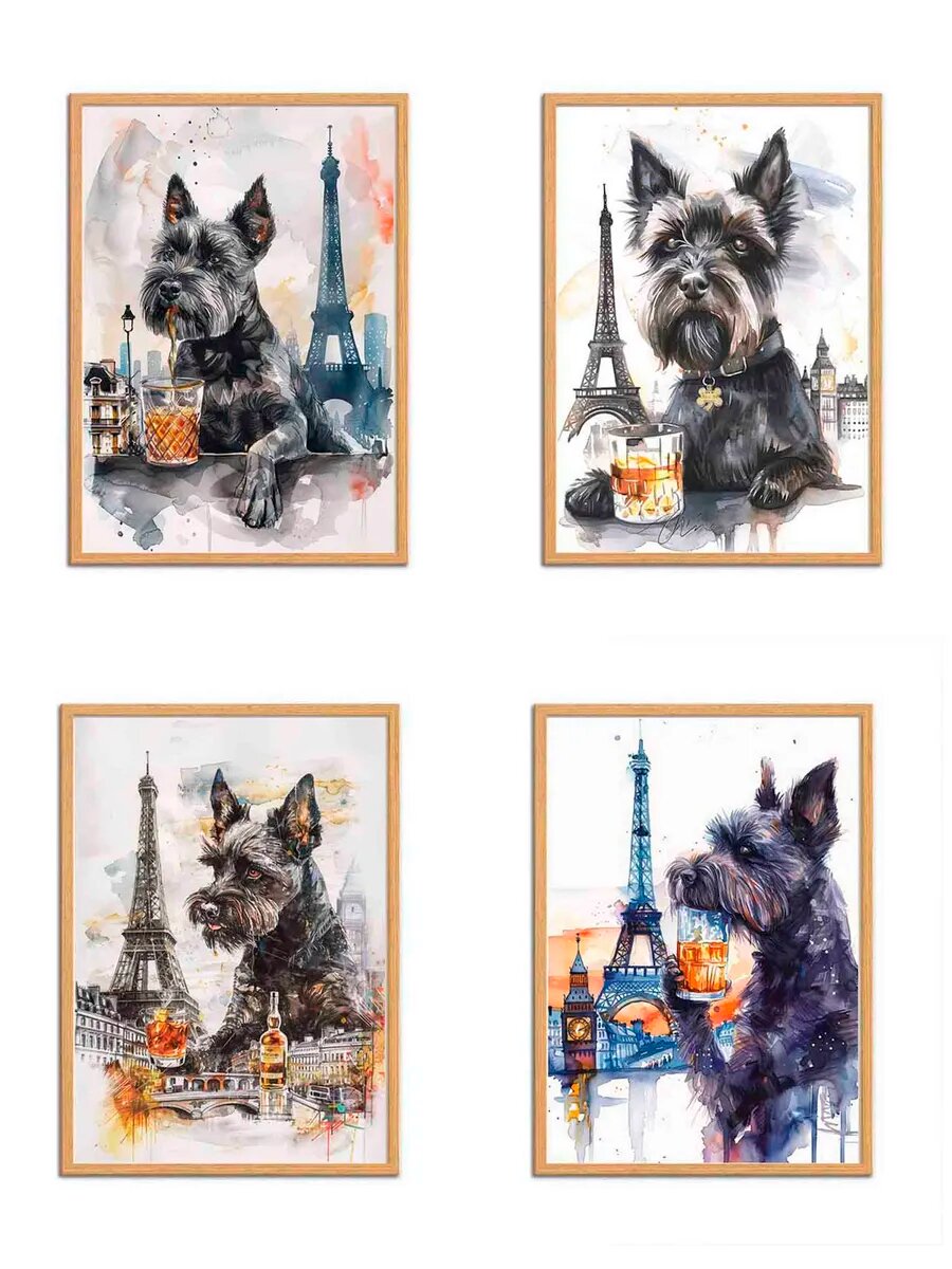 Шотландский терьер Пьет Виски, 4 Плаката, 30x21см
