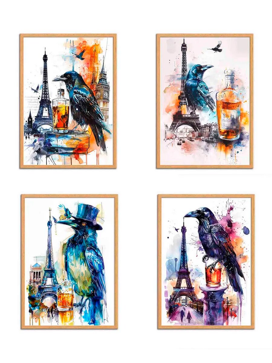 Птица ворон Пьет Виски, 4 Плаката, 30x21см