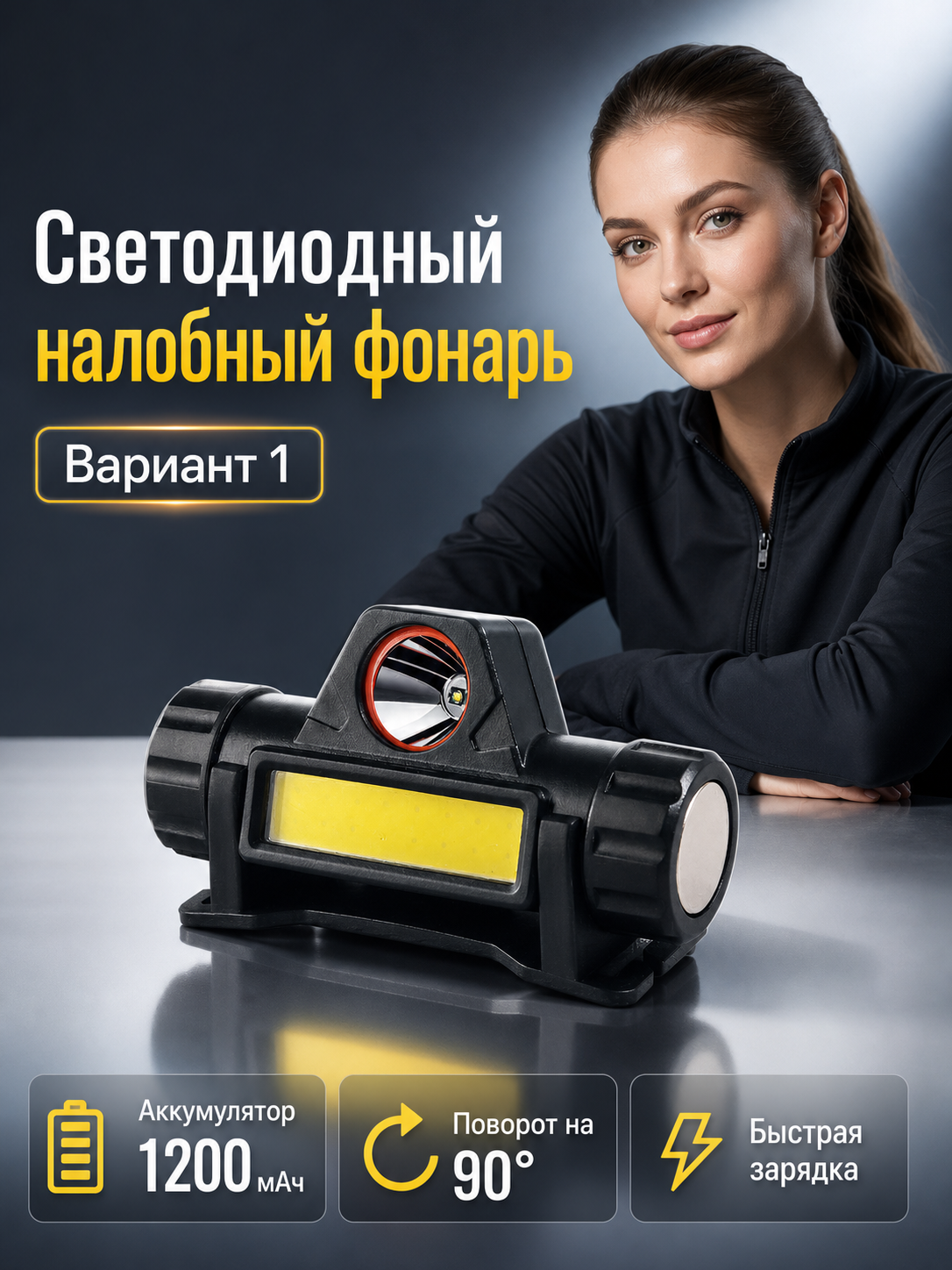 Светодиодный налобный фонарь 101 с аккумулятором1200мАч в коробке