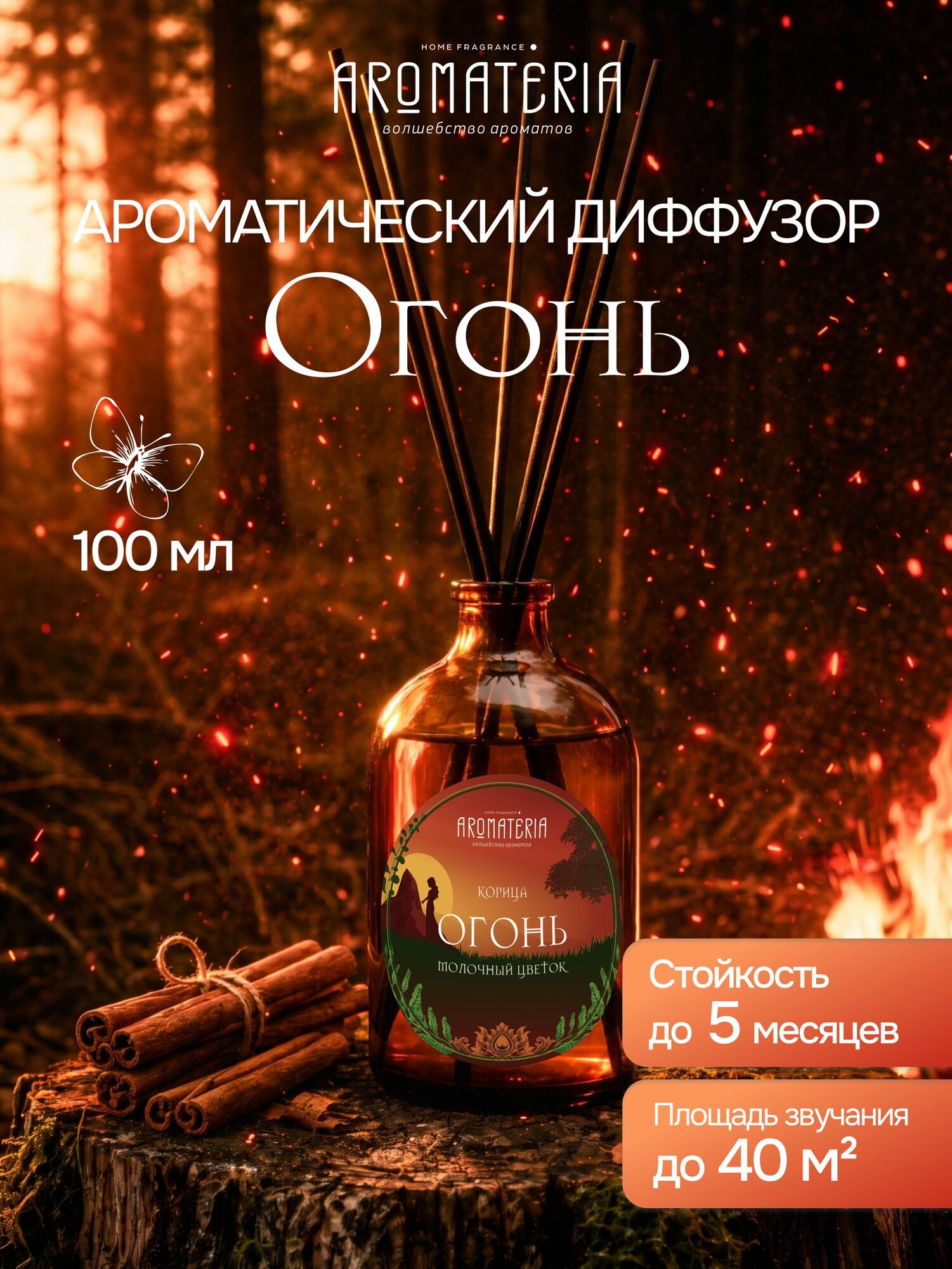 Диффузор для дома с палочками "Огонь", Aromateria, 100 мл. Парфюм для дома из серии "Ведьмак"