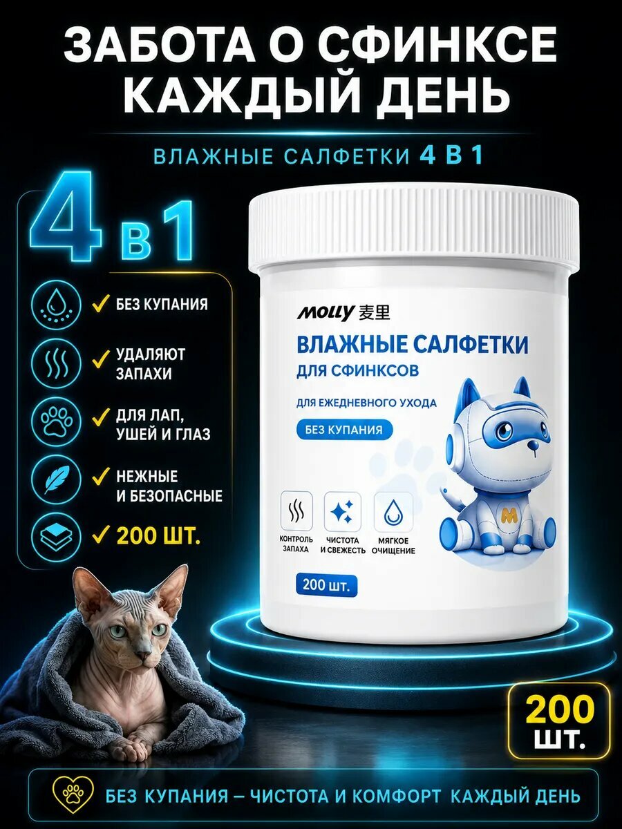 Салфетки для уборки бесшёрстных кошек