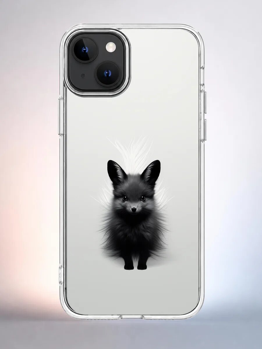 Чехол iPhone 14 чёрный лисёнок силиконовый прозрачный