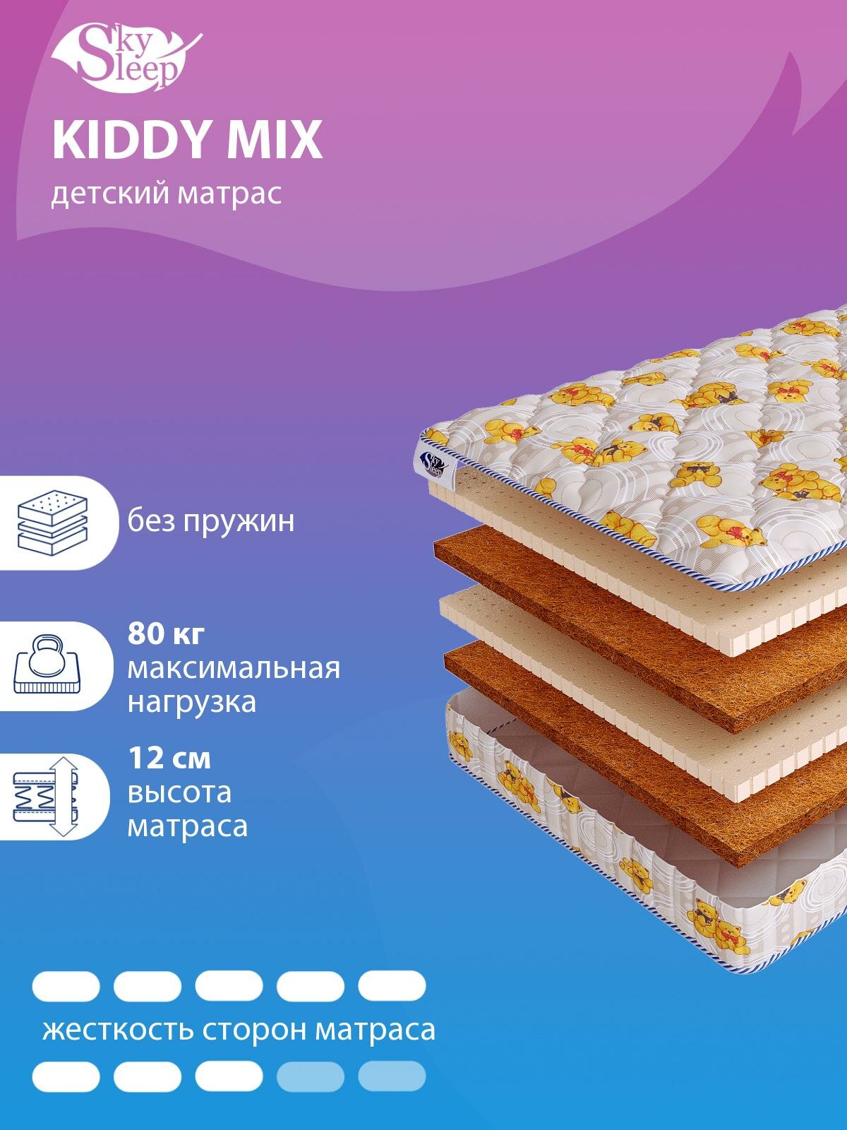Детский беспружинный ортопедический матрас SkySleep KIDDY Mix на кровать 120x210