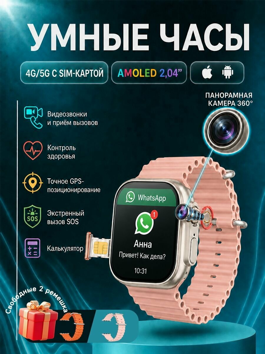 Смарт часы Galaxy с SIM картой и 5G, GPS, поворотной камерой 360, памятью 6/64 ГБ, защитой IP68 и функцией SOS