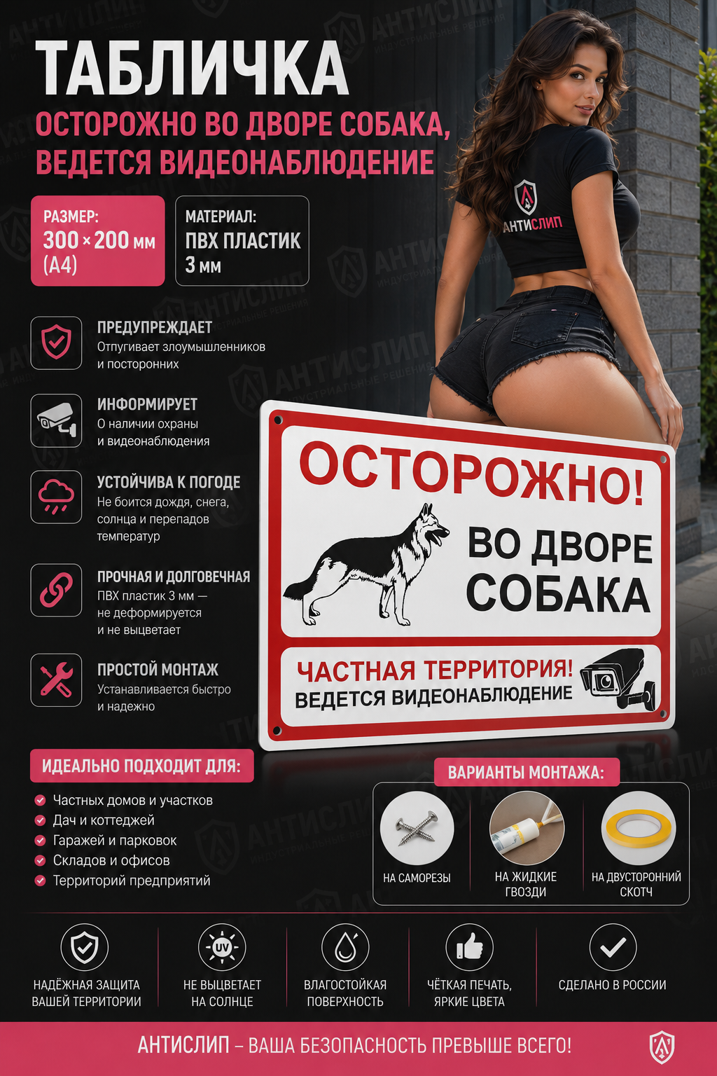 Табличка "Осторожно во дворе собака, ведется видеонаблюдение" 300*200мм (А4)