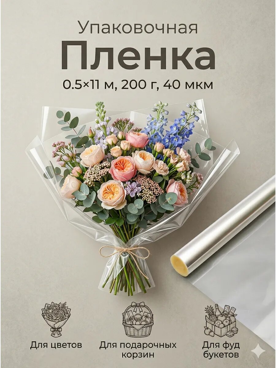 Пленка упаковочная для цветов прозрачная 0,5 х 11 м, 200 г, 40 мкм