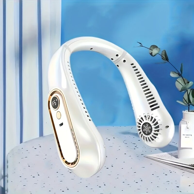 Портативный USB-вентилятор на шею, белый, с 360° регулировкой, перезаряжаемый, тихий, с мощным потоком воздуха.
