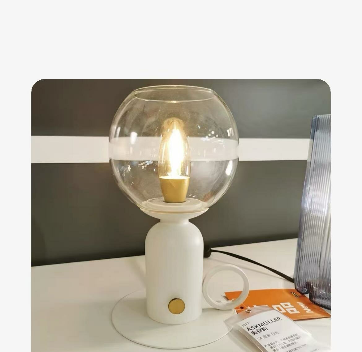 IKEA, Лампа ASKMULLER, настольная, 14*24см, стекло, E14, ретро стиль, серая