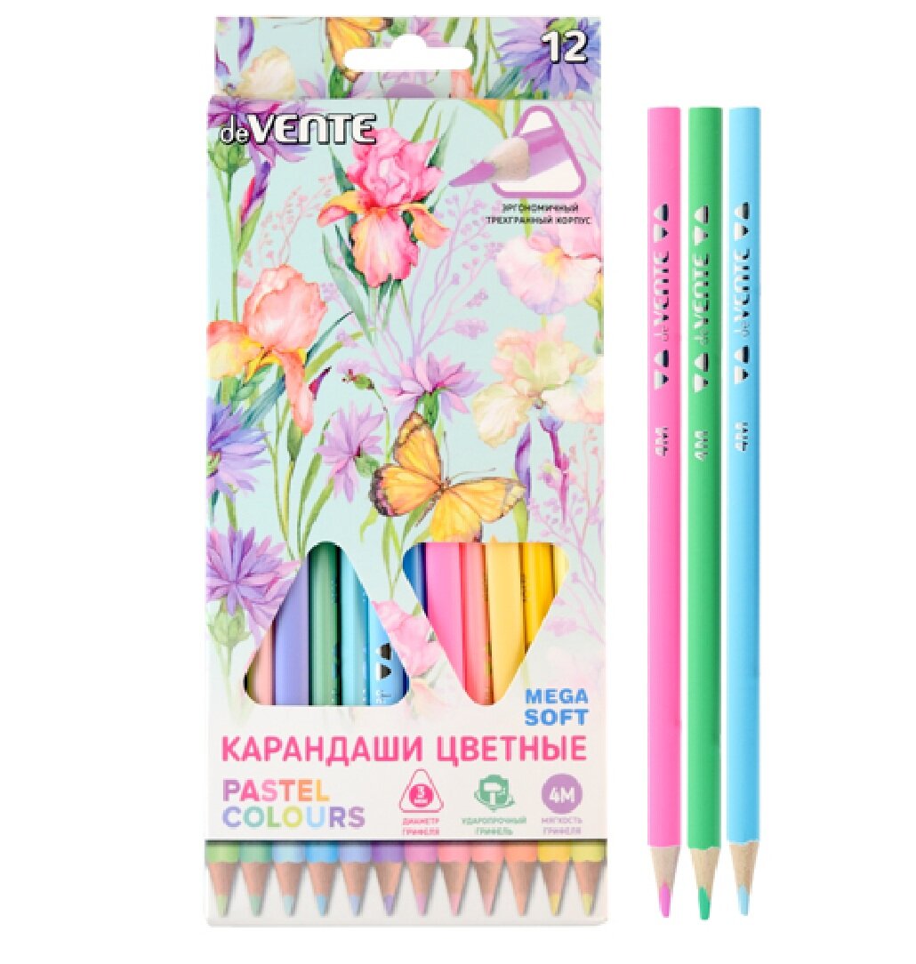 Карандаши цветные деревянные Trio Mega Soft Pastel 12цв " deVente " 4М трехгранные, картонная упаковка