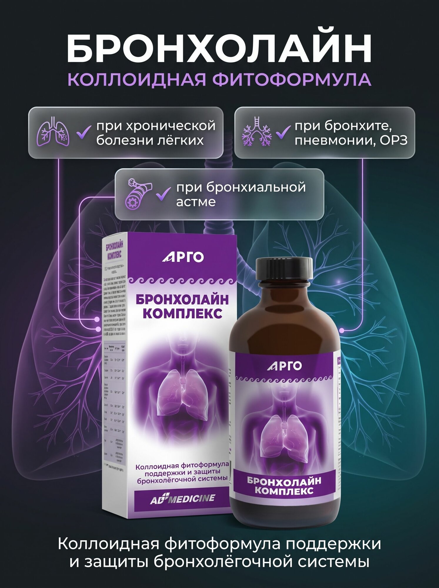 БронхоЛайн, коллоидная фитоформула, 235 мл, ЭД Медицин, Арго. БАД для бронхов и лёгких