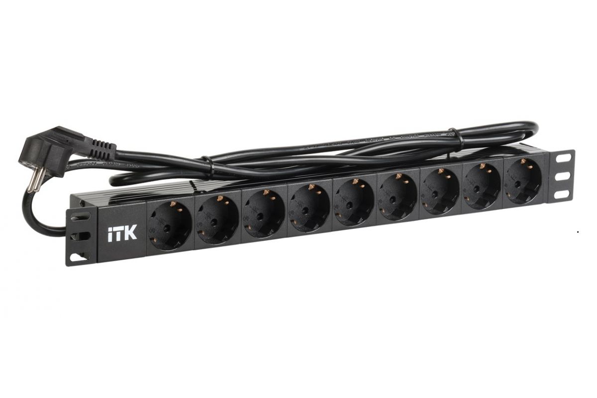 PDU 9 розеток DIN49440 (нем. cтанд.) 1U, шнур 2м вилка DIN49441 (нем. станд.), профиль из ПВХ, черный