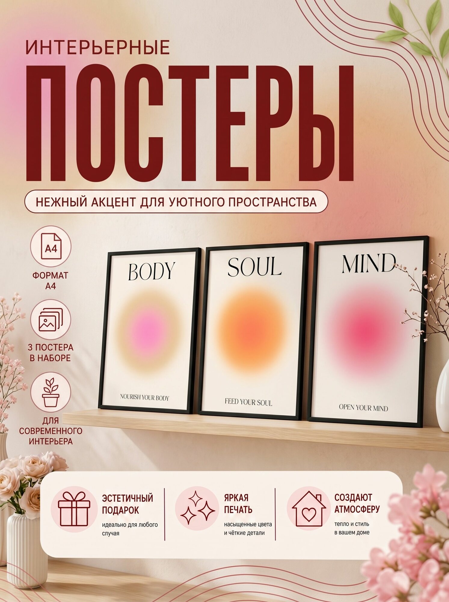 Набор интерьерных постеров "Mind Body Soul / Aura Gradients": 3 шт, формат А4, эстетика осознанности, йоги и медитации