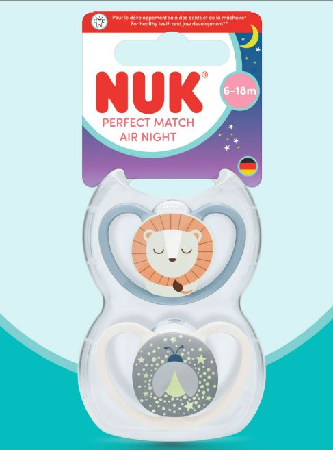 NUK PERFECT MATCH AIR NIGHT Соска-пустышка из силикона, разм. 6-18 мес, 2 шт. в контейнере, лев и светлячок