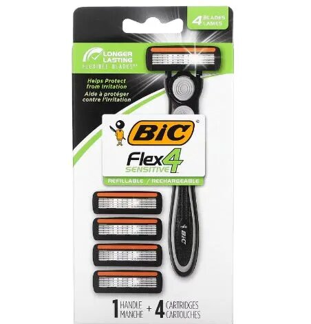 BIC, Flex 4 Sensitive, 1 tool holder, 4 tool heads 1 держатель инструмента, 4 головки инструментов