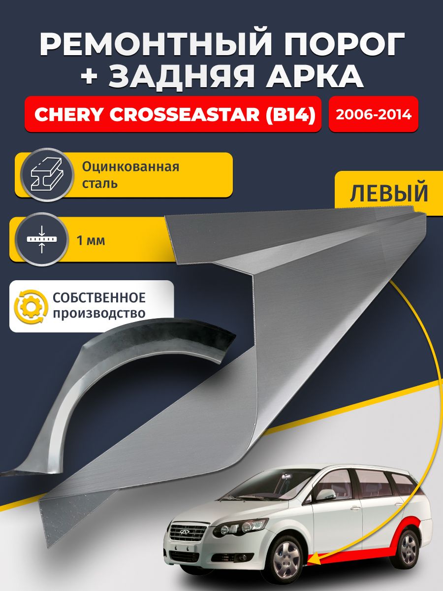 Левая ремонтная задняя арка (0,8 мм) и левый ремонтный стандартный порог (1 мм) на Chery CrossEastar B14 2006-2014 (Чери КроссЕстар Б14). Материал оцинкованная сталь.