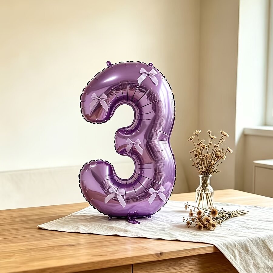 Набор из 7 предметов: 1 фиолетовый фольгированный шар с цифрой 3 (32 дюйма), 1 клеящий лист, 5 атласных лент с бантами для украшения дней рождения, Дня святого Валентина, выпускных, годовщин, Дня матери и совершеннолетия