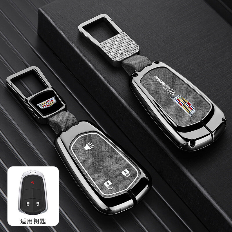 Ключевой чехол для Кадиллака CT5/XT5/CT6 3-кнопочный, деним, гуншелл серая кожа, с квадратной застежкой для моделей