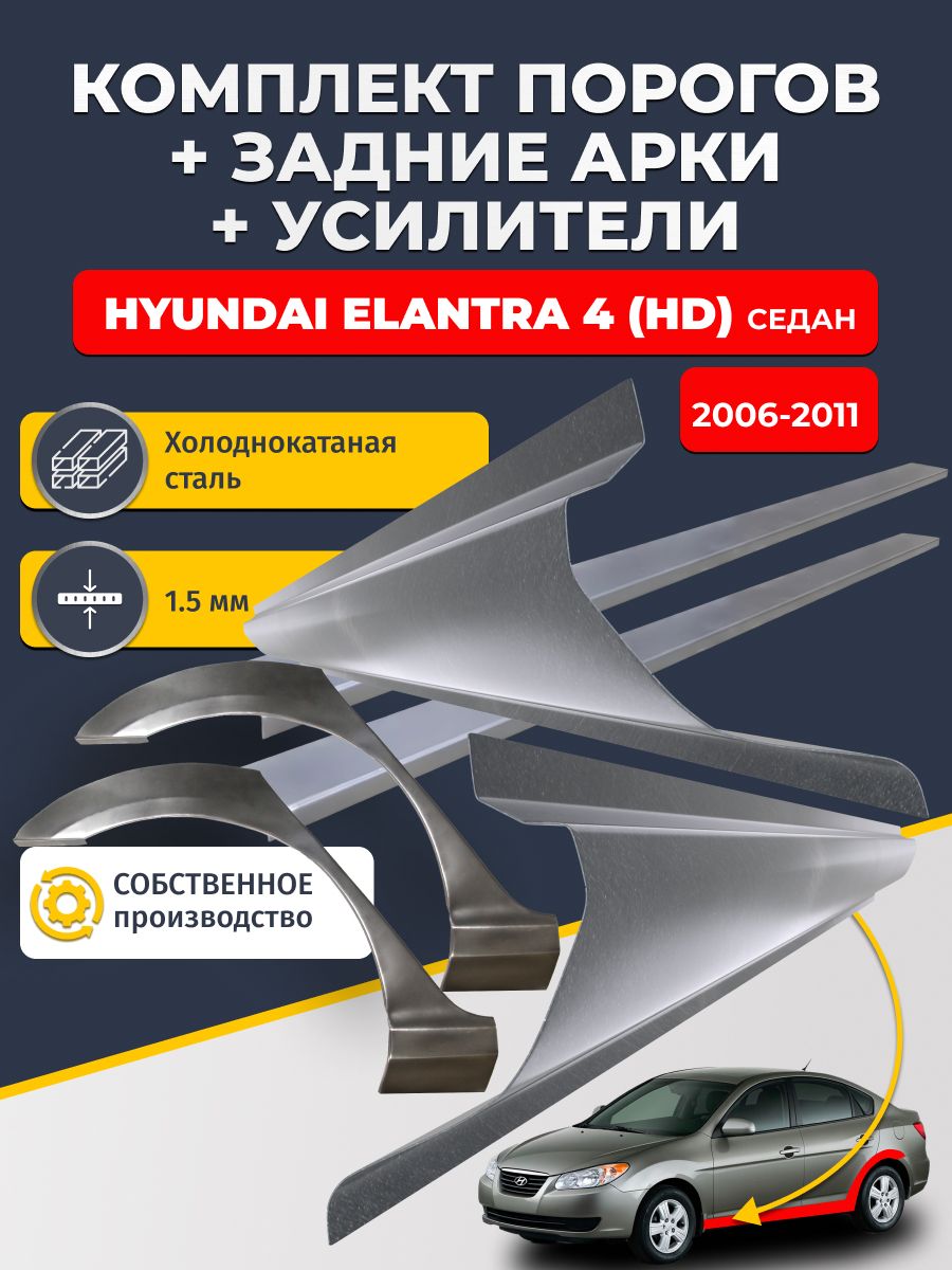 Комплект ремонтных задних арок(0,8 мм) и стандартных порогов(1,5 мм) + усилители (1,5 мм.) на Hyundai Elantra 4 HD 2006-2011 седан (Хендай Элантра 4). Материал холоднокатаная сталь.