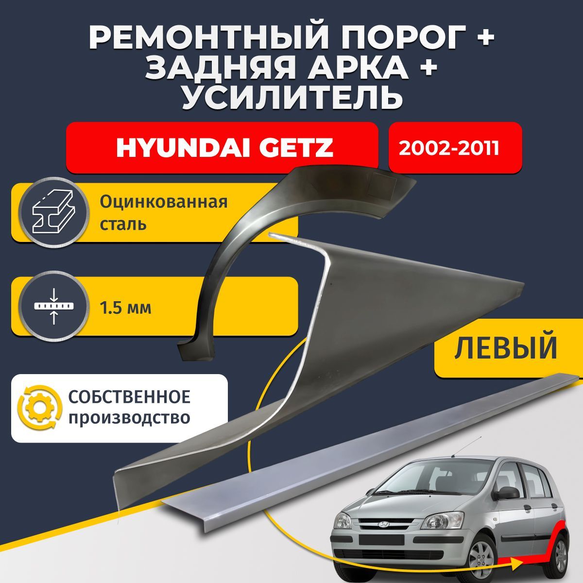 Левая ремонтная задняя арка (0,8 мм) и левый ремонтный стандартный порог (1.5 мм) + усилитель (1,5 мм) на Hyundai Getz 1 2002-2011 хэтчбек 5 дверей (Хендай Гетц 1). Материал оцинкованная сталь.