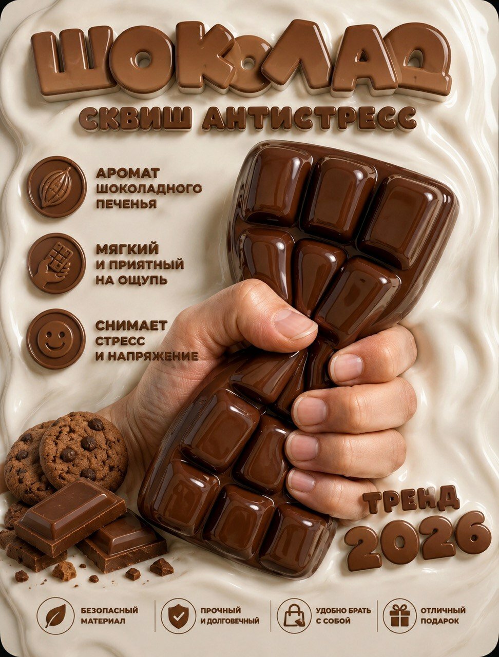 Сквиш-антистресс Дубайский шоколад, 15 см, мягкий эластичный squishy для снятия стресса/мялка для рук