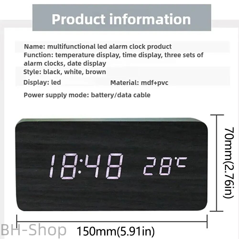 Настольные часы BH-Shop, электронные, с будильником, деревянный корпус, бежевый, 18:00 22°C — фото 1