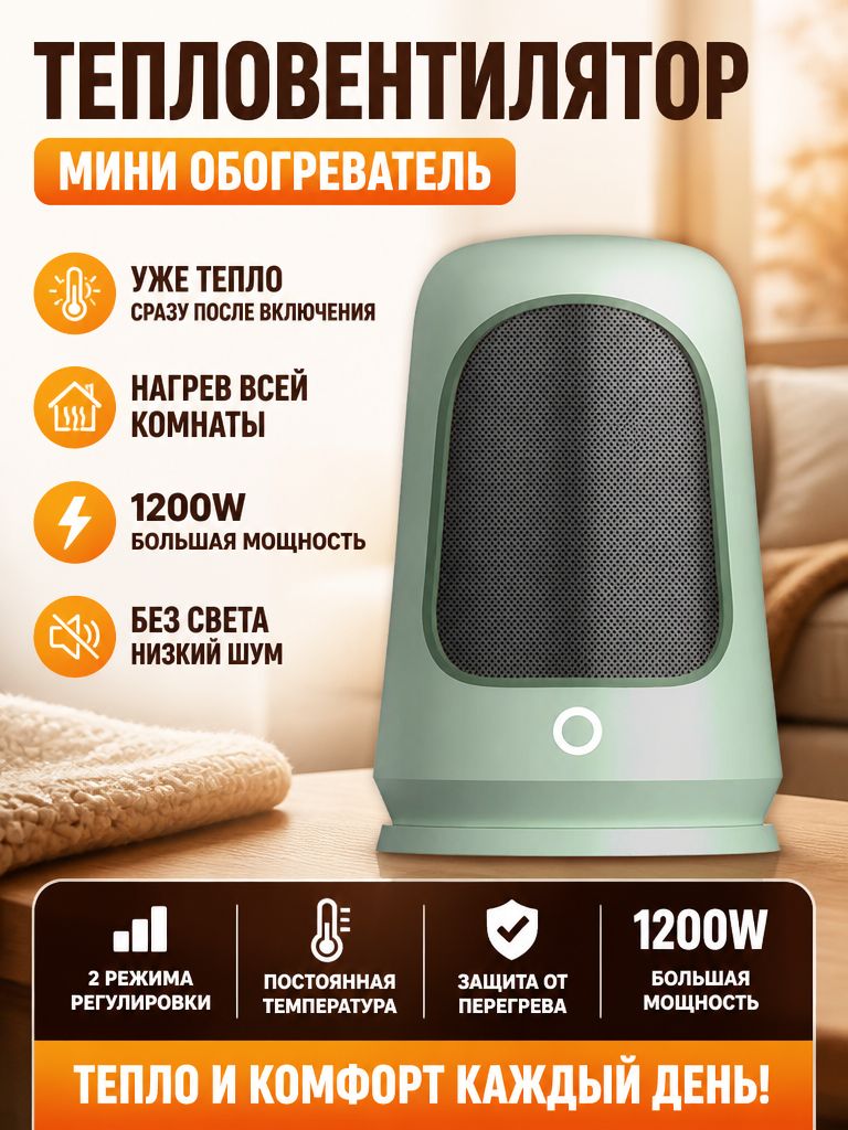 Мини-обогреватель для дома с PTC-нагревателем, 1200 Вт, 2 скорости, защита от опрокидывания, зелёный.