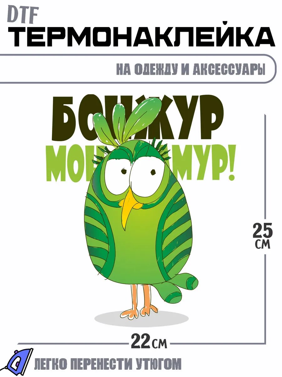 Термонаклейка приколы зеленая птичка бонжур монамур