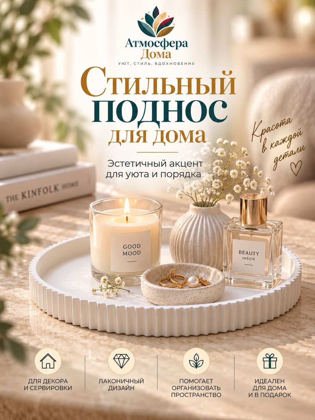 Декоративный круглый поднос для дома, белый, 20 см, для свечей, парфюма и декора