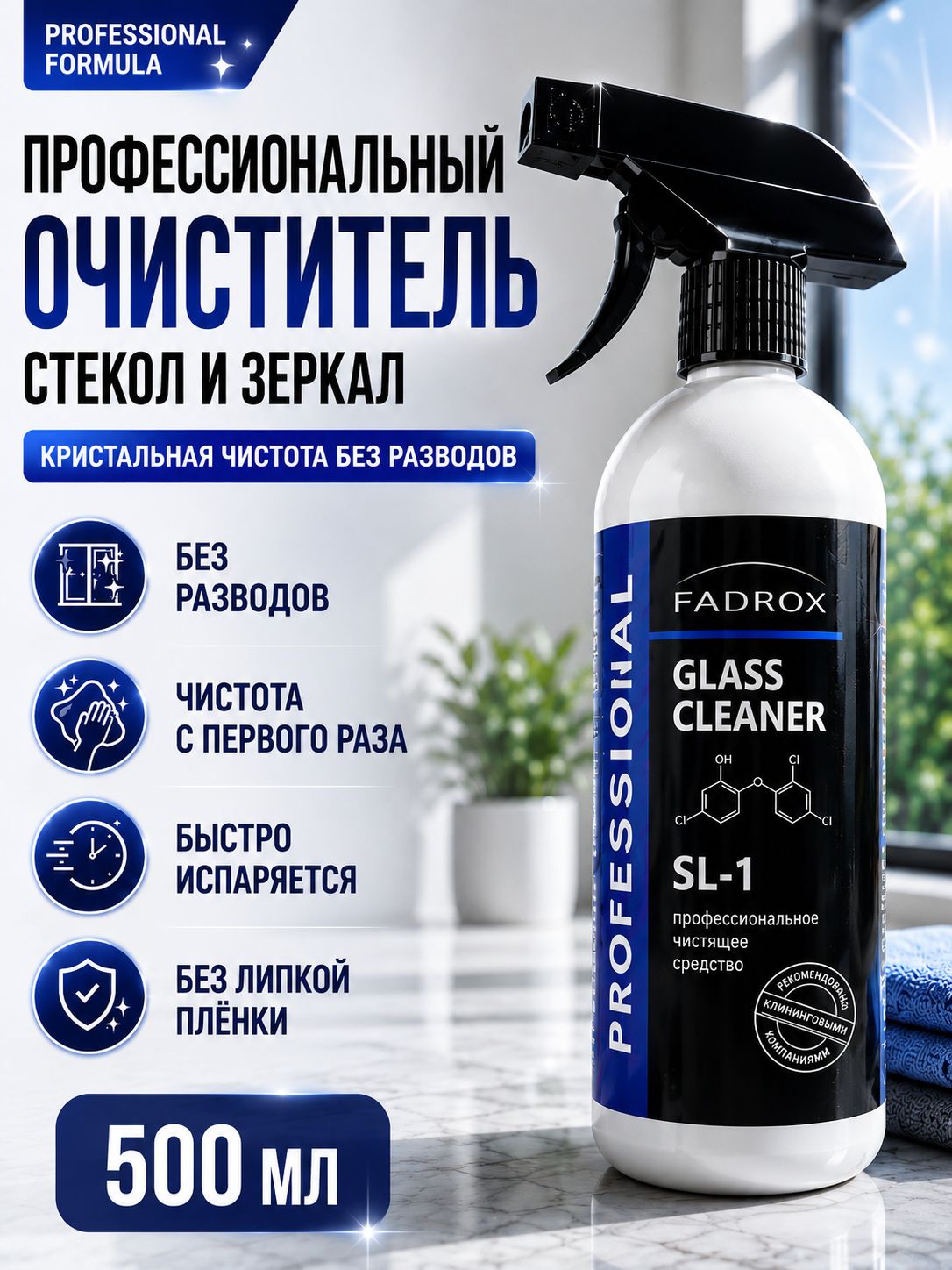 Очиститель стекол и зеркал FADROX GLASS CLEANER SL-1 500 мл, профессиональное средство без разводов для окон, зеркал, душевых кабин и автомобильных стекол
