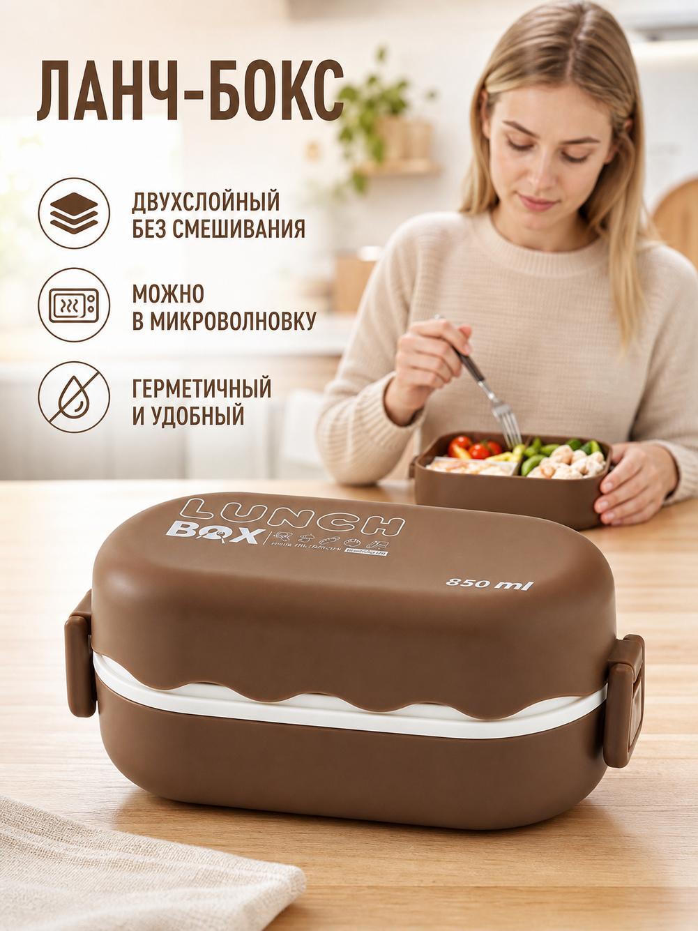 Двухслойный пластиковый контейнер для обеда, изготовлен из термостойкого пластика, размеры: 19,5 9 8,5 см