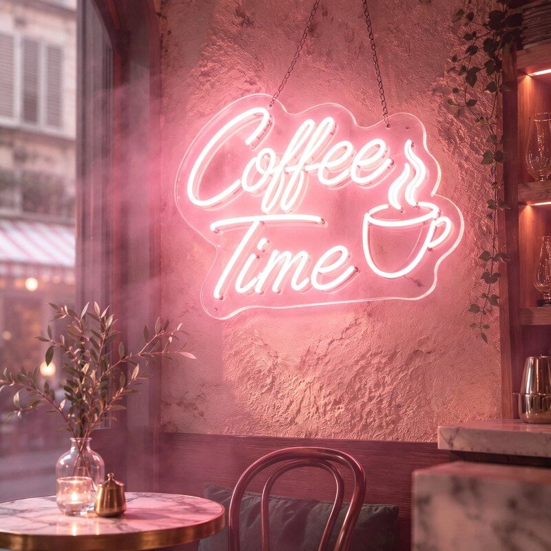 Неоновая вывеска с надписью Coffee Time и чашкой кофе, розовый цвет, 5 дюймов, двухстрочная, с регулировкой яркости, декор для дома и кафе
