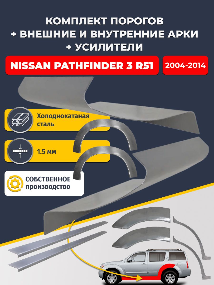 Комплект ремонтных задних внешних и внутренних арок (0,8 мм) + комплект порогов + усилители, на Nissan Pathfinder 3 R51 2004-2014 (Патфаиндер Р51) Холоднокатаная сталь 1.5 мм