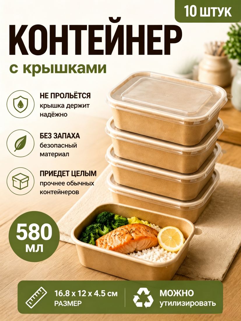 Контейнеры одноразовые с крышкой 580 мл 10 шт для заморозки ягод