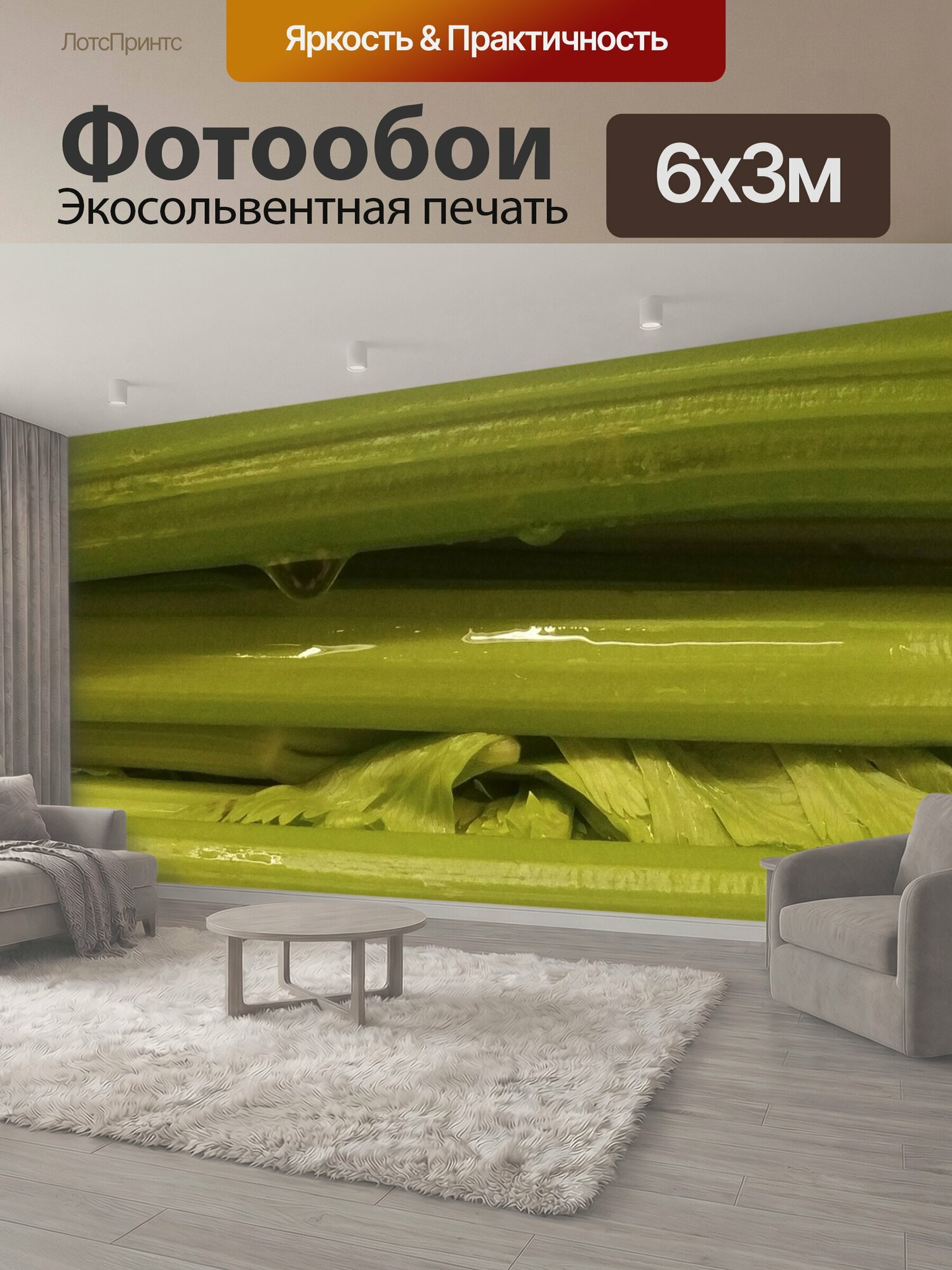 Фотообои "Стебли сельдерея Сельдерей, мокрый и сгруппированы для продажи сельдерей гроздь мокрый зеленый крупным планом" 600x300 см. экосольвентная печать