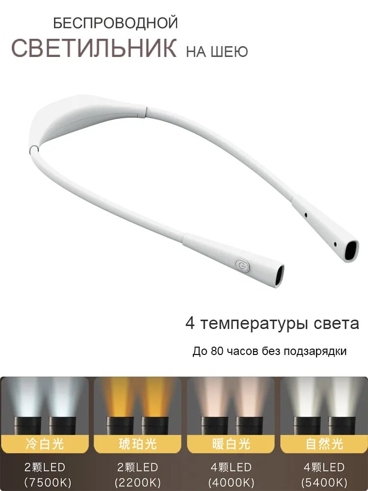 Фонарь-прожектор на шею беспроводной, 4 температуры света, до 80 часов без подзарядки