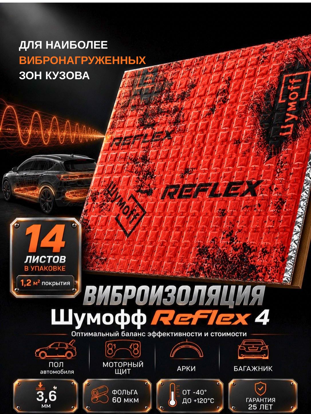Виброизоляция для автомобиля Шумофф Reflex 4 (14 листов 3,6мм) 37,5х23см шумоизоляция для авто самоклеющаяс, комплект звукоизоляции для пола, арок, багажника