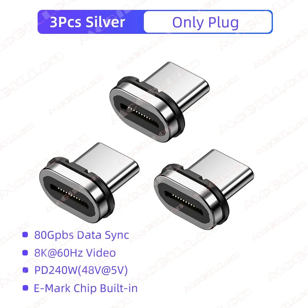Магнитный адаптер USB4 80 Гбит/с USB-C на Type-C, 240 Вт, для быстрой Серебряный, 3Pcs Plug Silver